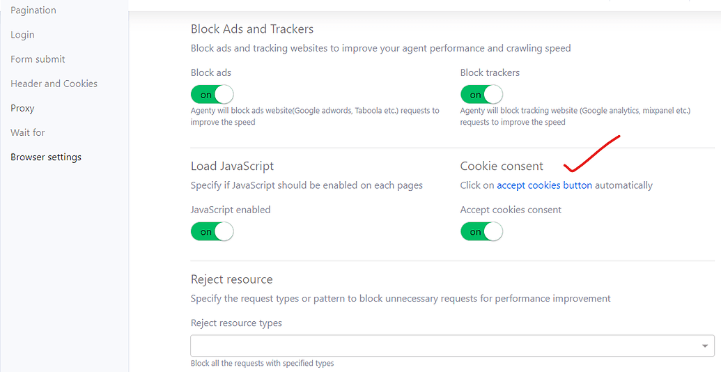 How to accept cookie consent prompts before scraping the website - Agenty