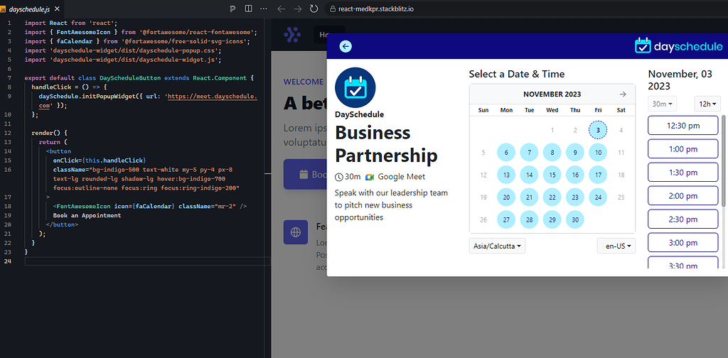 How to embed appointment booking calendar on React - DaySchedule